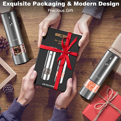 Rechargeable Electric Salt and Pepper Grinder Set - Stainless Steel, with USB Type-C Cable, LED Lights, Automatic Modern Electric Pepper Mill, 2 Adjustable Coarseness Mills, One Hand Operation