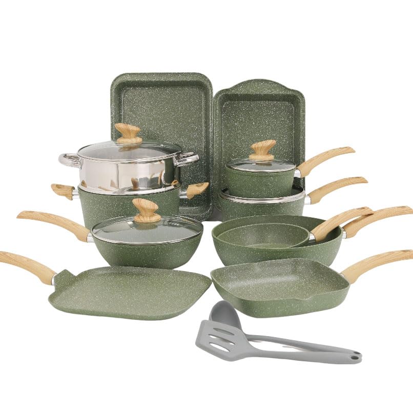 MAISON ARTS 17-Piece Pots and Pans Set - Kitchen Cookware Sets with Nonstick Granite Stone Coating, Suitable for Induction Cooktops, Green