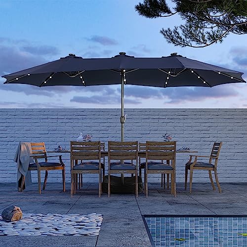 MONDAWE 15ft Double Sided Patio Umbrella with Solar Lights (Base Included) Large Outdoor Table Umbrella Rectangular Market Umbrella with Hand Crank 36 LED 12 Ribs for Outside Backyard Poolside