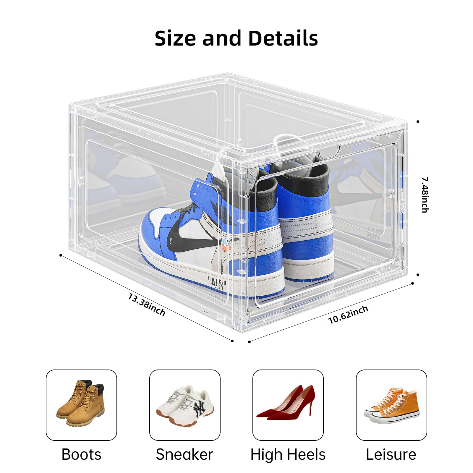 JOYZAN 6 Pack Shoe Boxes Clear Plastic Stackable, Large Sneaker Storage Organizer with Doors, Shoe Display Case, Space Saving Foldable Shoe Rack, Boots and Hat Organizer, Large Closet Shoe Holder