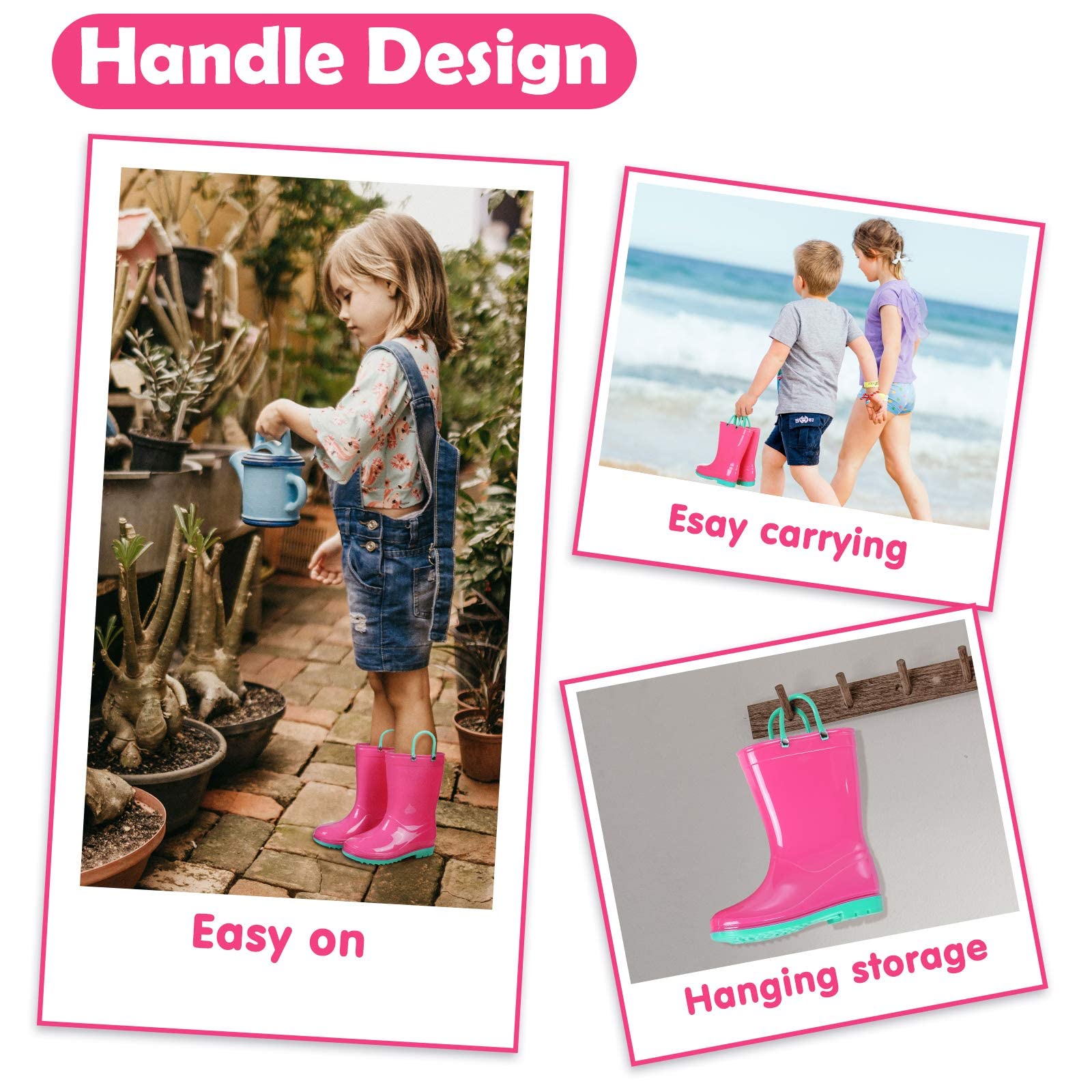 Colorxy Kids Rain Boots for Boys Waterproof Toddler Rain Boots with Easy-On Handles, Hot Pink Size Big Kid 2