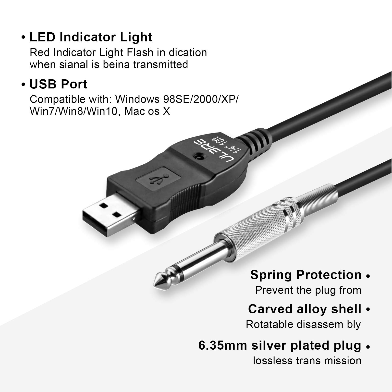 USB Guitar Cable Guitar Cord 10FT USB Male to 1/4 Inch TS Mono Jack Connector Cord Compatible Windows and MacOS Guitar Base to PC USB Connection Cable Adapter for Recording Instrument Singing