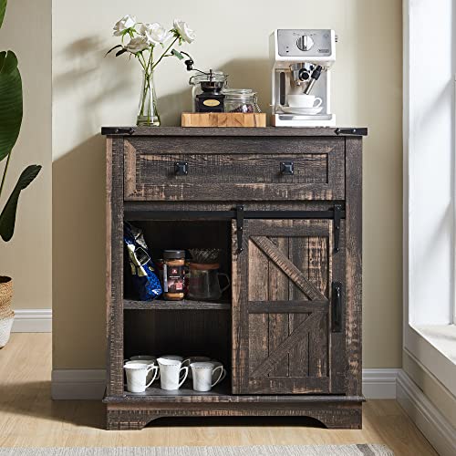 OKD Farmhouse Coffee Bar Cabinet, 32" Sliding Barn Door Buffet Sideboard Cabinet with Drawer, Adjustable Storage Shelves, Wooden Accent Cabinet for Kitchen, Living Room, Dining Room(Dark Rustic Oak)