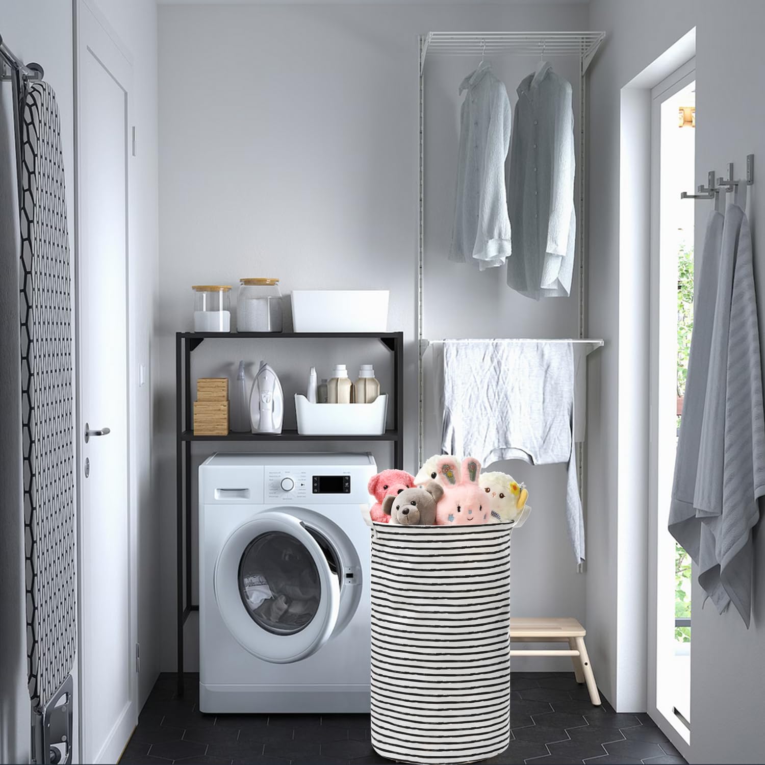 Haundry Thickened Tall Laundry Basket with Handle, Large Collapsible Round Laundry Hamper Bin Laundry Bag for Clothes Storage (Grey Stripe)