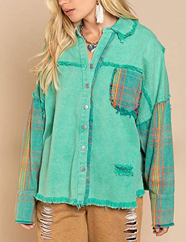 Zontroldy Denim Jean Jacket Shirt for Women Plaid Patchwork Distressed Ripped Frayed Denim Jean Jackets Shacket(0828-Green-M)