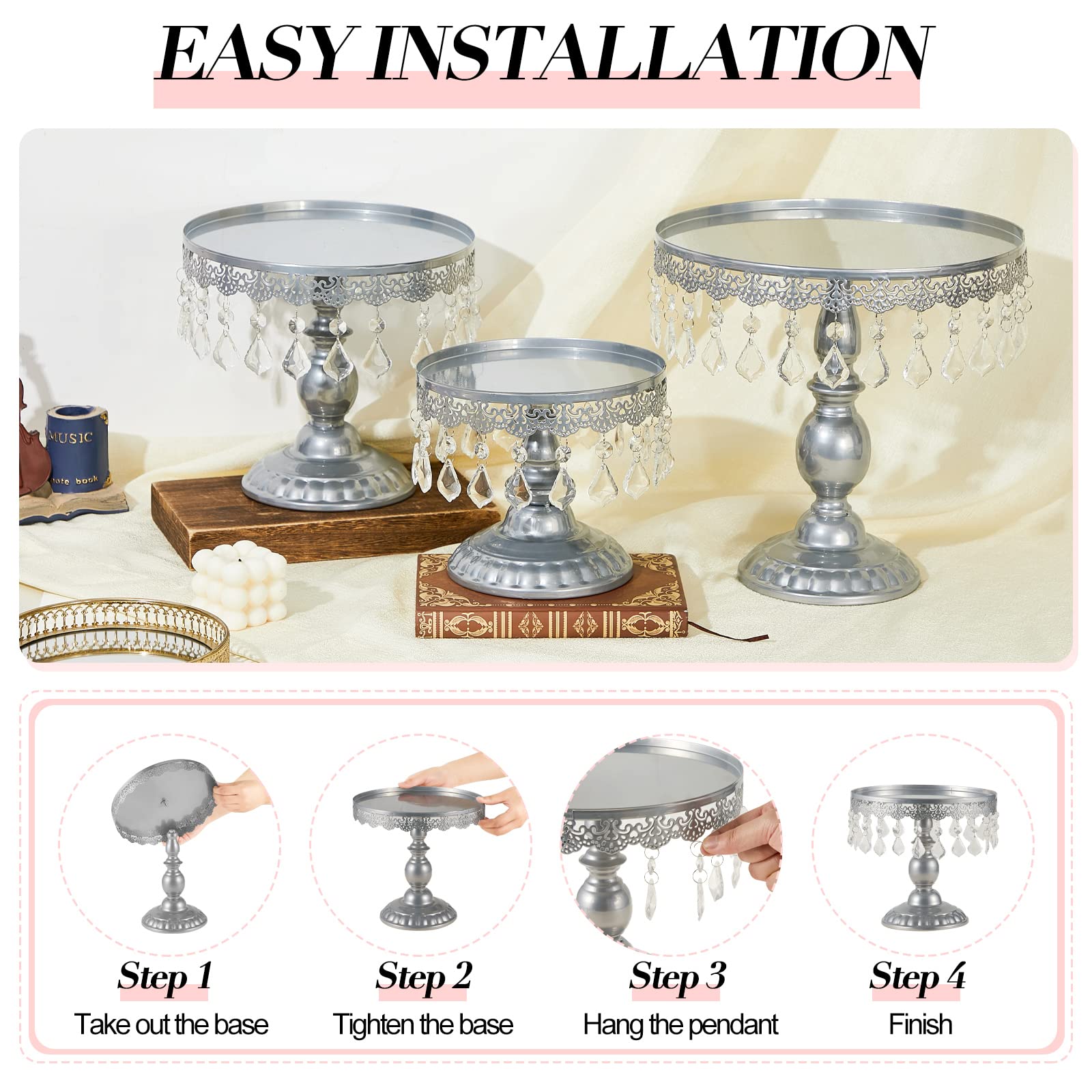 Eaasty 3 Pcs Cake Stand Set Round Cake Stand with Crystal Bling Pendants Dessert Table Display Set for Wedding Event Birthday Party Dessert Table(Silver)
