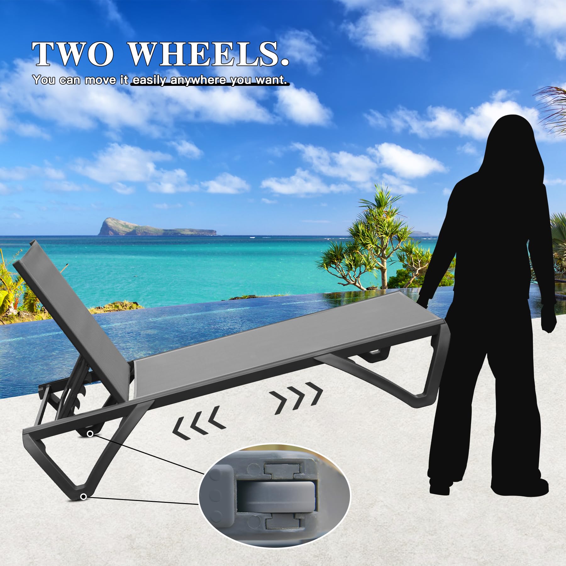 Domi Pool Lounge Chairs Set of 3, Aluminum Adjustable Outdoor Chaise Lounge with Wheels and Side Table, All Weather Poolside Chairs for Deck Lawn Patio Backyard, Textilene- Gray