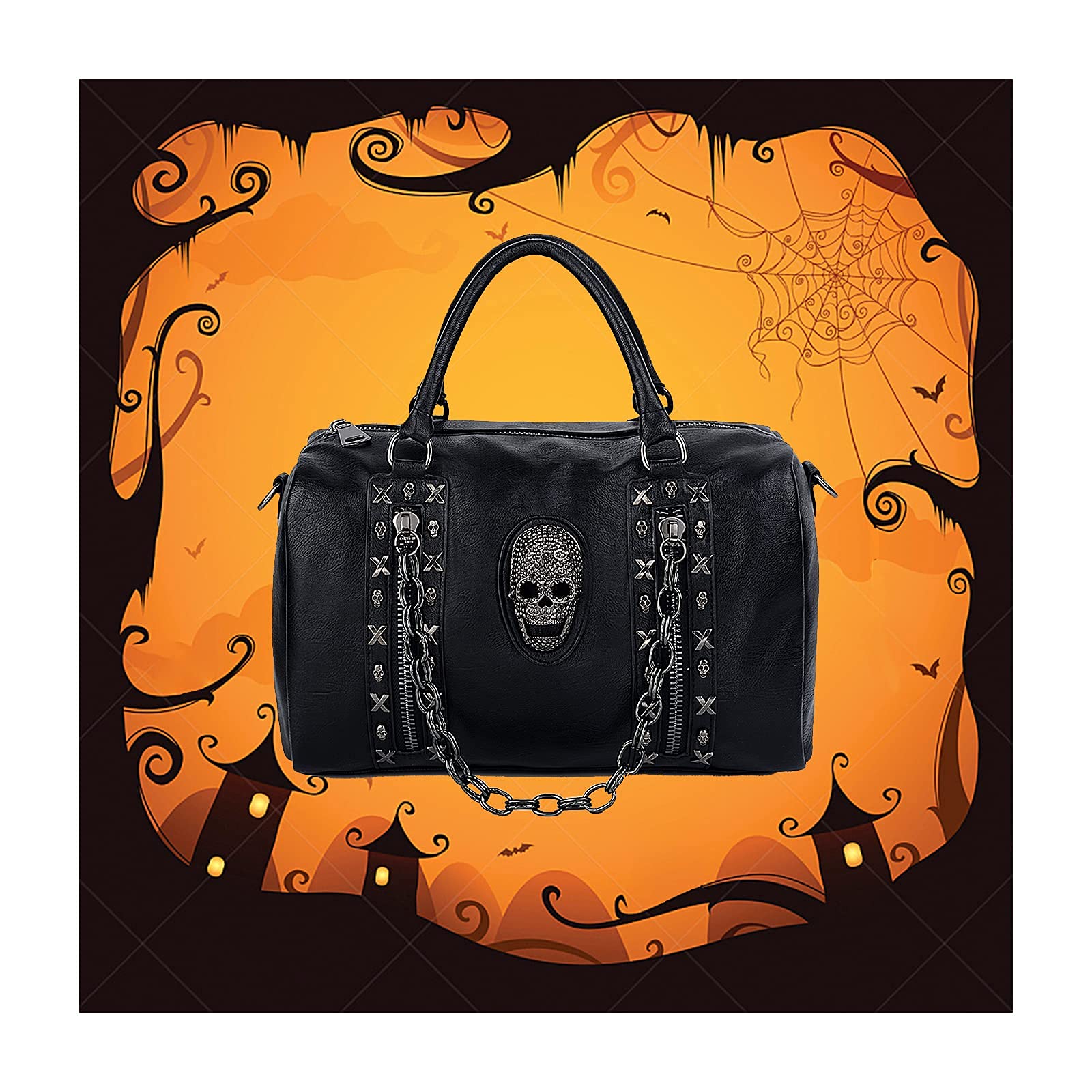UTO Women Skull Tote Bag Rivet Studded Metal Chain Handbag PU Leather Purse Shoulder Bags 513A