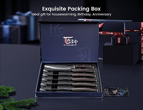 SYOKAMI Steak Knives Set Of 6, 4.8 Inch High-Carbon Japanese Stainless Steel Non-serrated Steak Knife With Wood Handle, Damascus Pattern Full Tang Design, Razor-Sharp Dinner Knives With Gift Box
