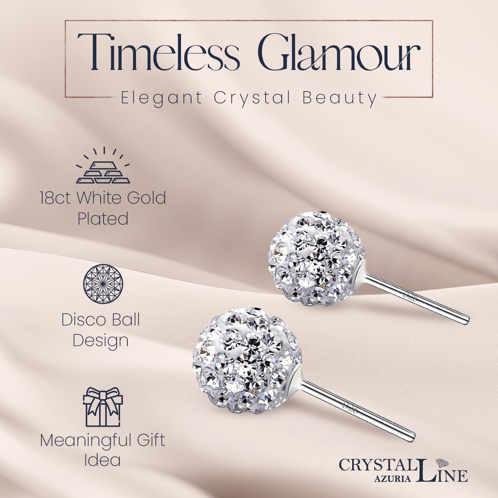 Crystal Line Azuria 925 Sterling Silver Earrings White Crystals Round Disco Ball Stud Earrings 8 mm for Women