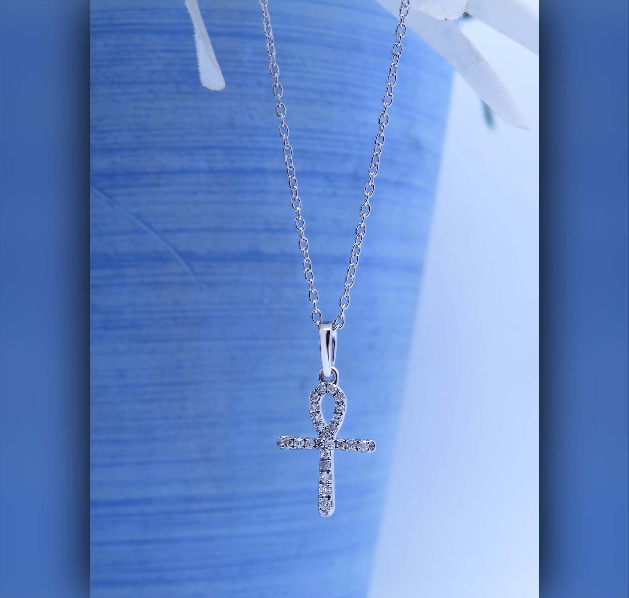 Dazzlingrock Collection Round White Diamond Ankh Cross Pendant for Women with 18 inch Silver Chain (0.16 Ctw) in 14K White Gold