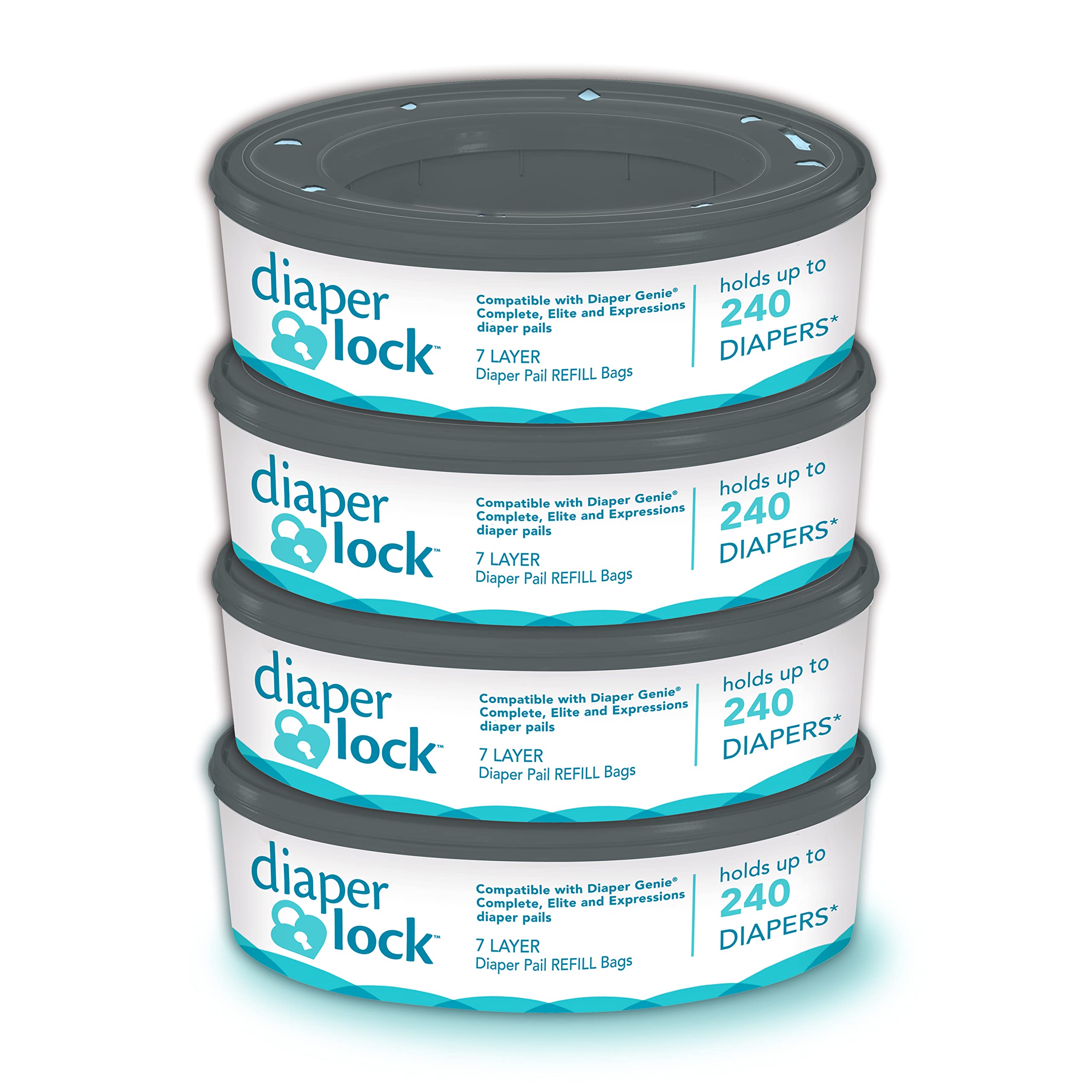 Diaper Lock Refills for Diaper Genie Pails | 240 Count (4-Pack) | Compatible with All Diaper Genie Complete, Expressions, Essentials, Elite and Quick Caddy Pails