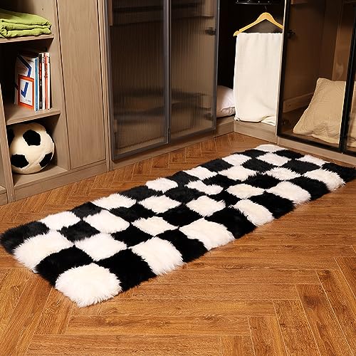 LLB Premium Sheepskin Rug Fluffy Plaid Rug 72 x 24 Inches Black and White Check Luxury Wool Rug for Bedroom Living Room (Black & White Plaid, 24''x72'')