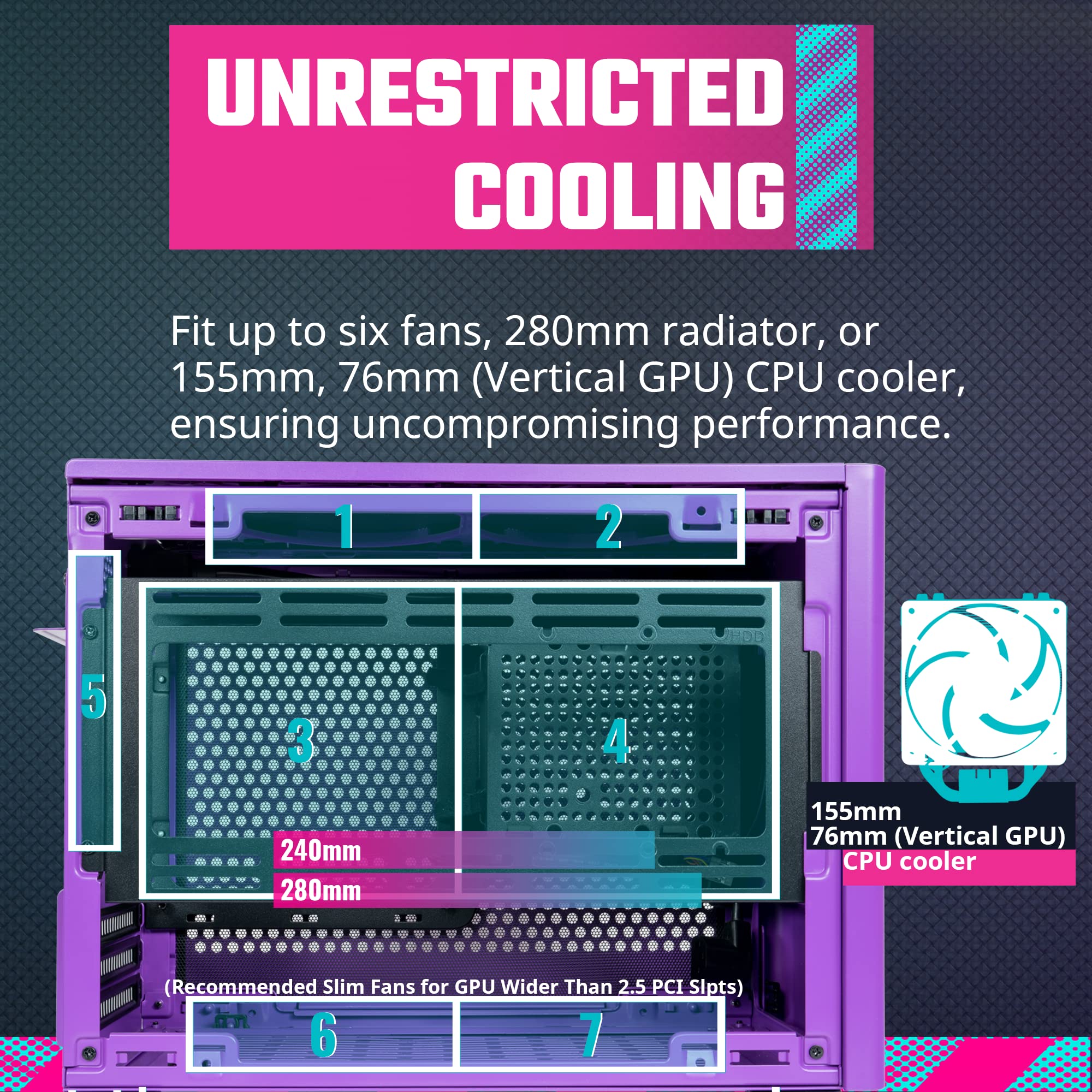 Cooler Master NR200P Nightshade Purple SFF Small Form Factor Mini-ITX Case, Tempered Glass or Vented Panel, Vertical Mounting GPU, PCI Riser Cable, Triple-Slot GPU, Tool-Free (MCB-NR200P-PCNN-S00)