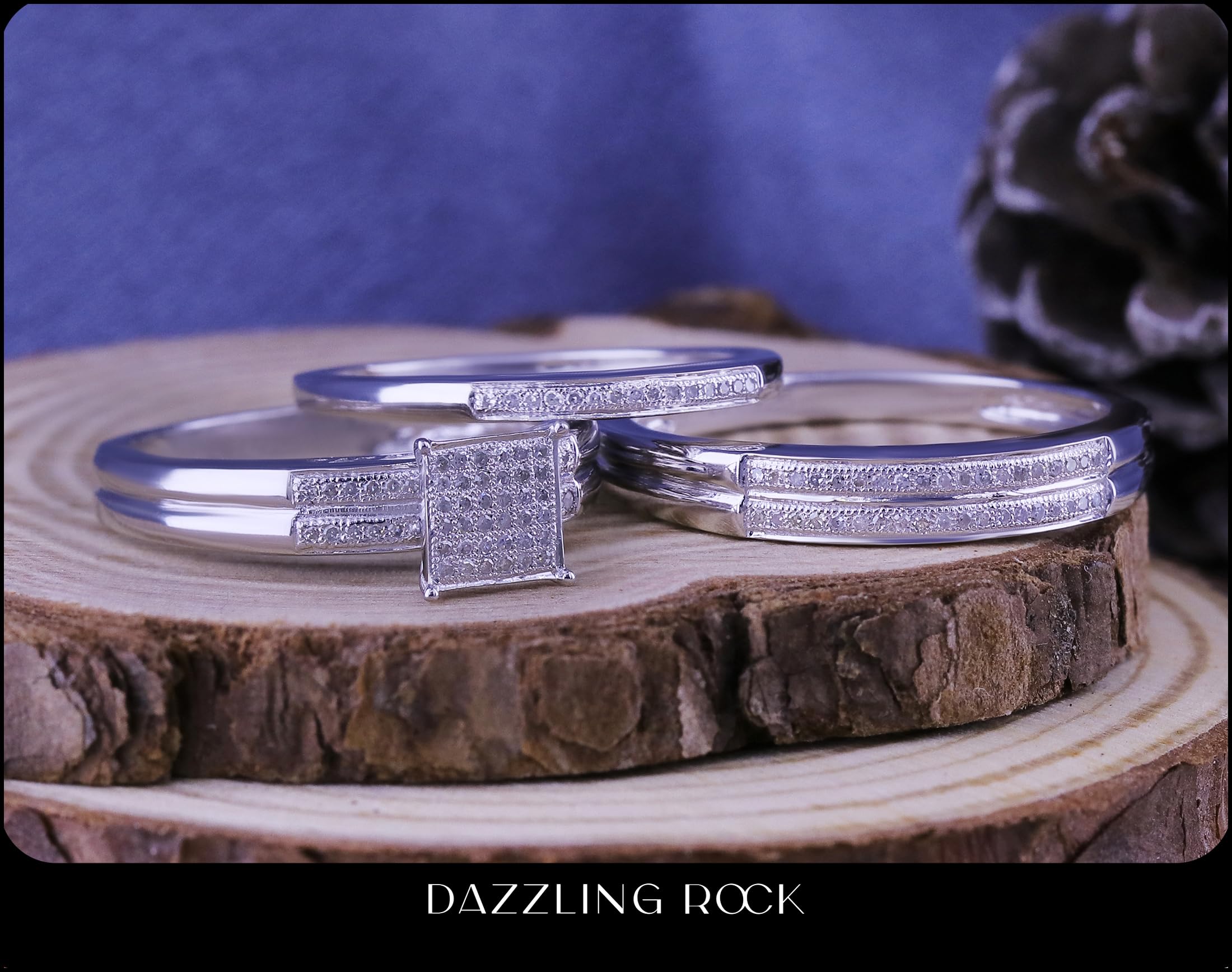Dazzlingrock Collection Round White Diamond Square Head Filigree Wedding Trio Ring Set (0.25 ctw) in 925 Sterling Silver, Women size 9 and Men size 10