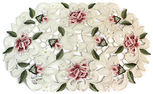 Doily Boutique Place Mat or Doily with a Light Pink Cutwork Rose, Size 11 x 17 inches