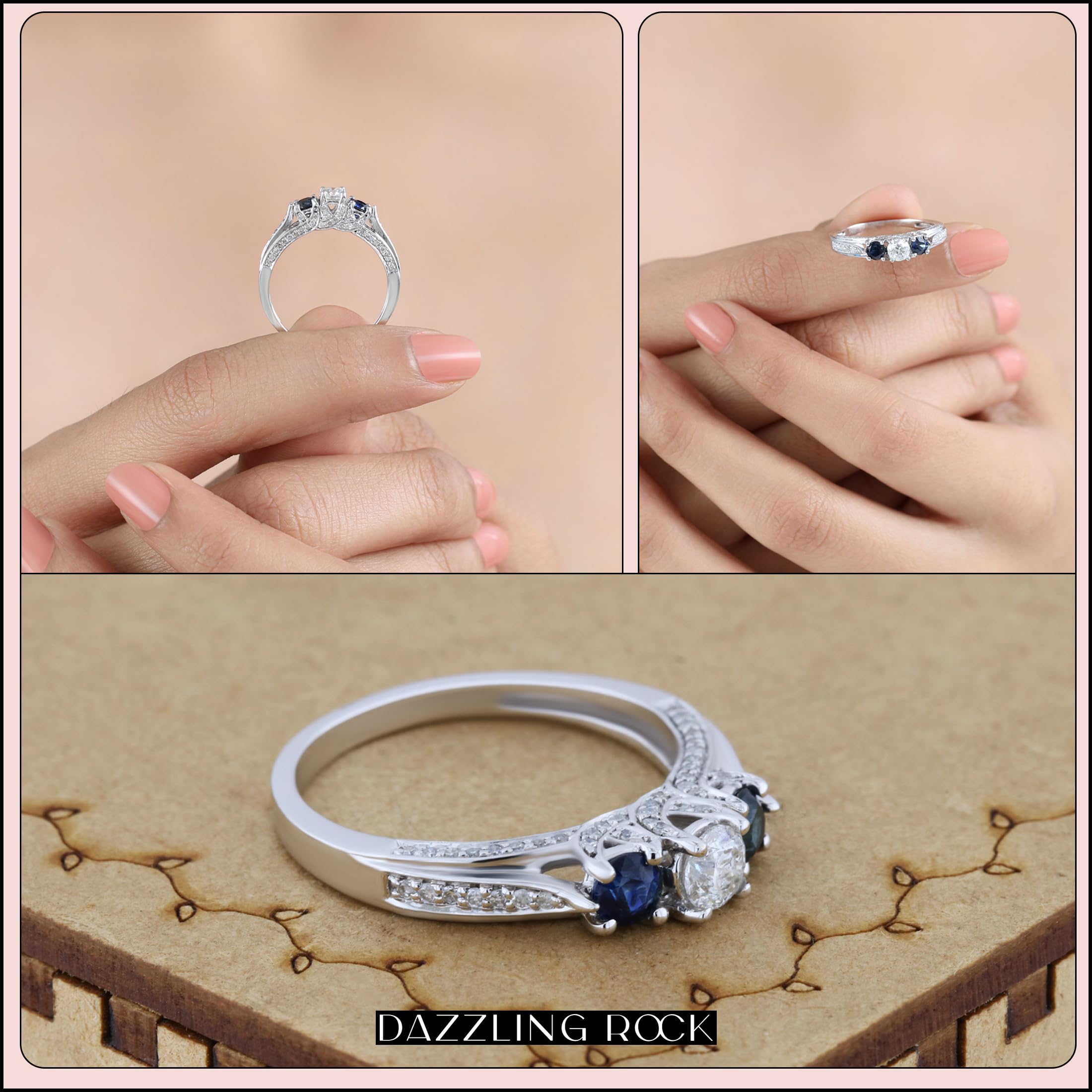 Dazzlingrock Collection Round Blue Sapphire & White Diamond 3 Stone Wedding Ring for Women in 14K White Gold Size 6