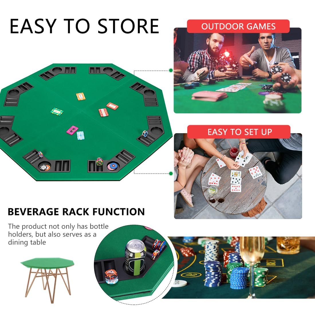 VIVOHOME 48 Inch Foldable 8-Player Texas Poker Card Table Top Layout Portable Anti-Slip Rubber Board Game Mat with Cup Holders and Carrying Bag, Green