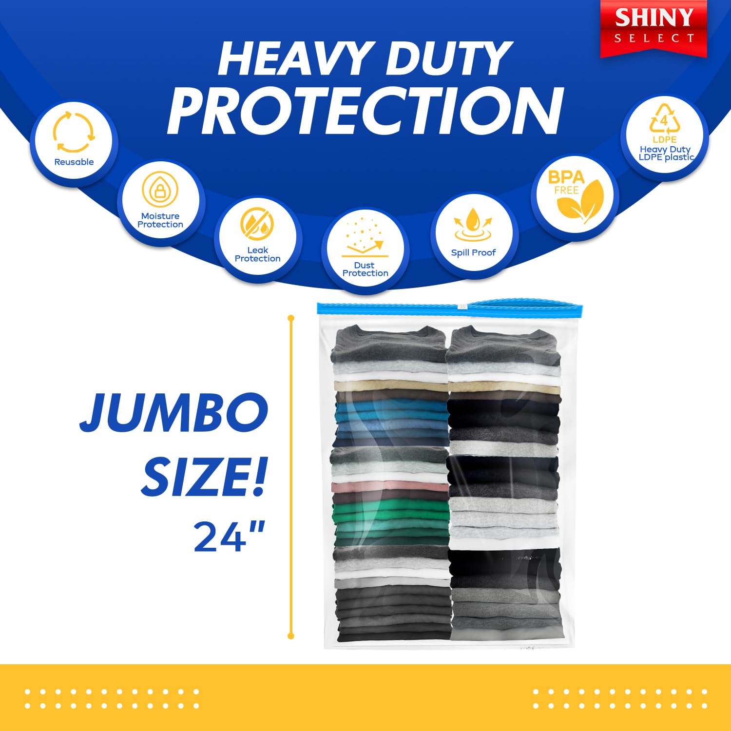 Shiny Select 5 Gallon Jumbo Slider Storage Bag, 18x24, 10 Bags β Resealable Extra Large Clear Plastic, 2 Mil Thick - Home Organization, Luggage, Travel, Kitchen Use, Baby Essentials, Seasonal Clothes