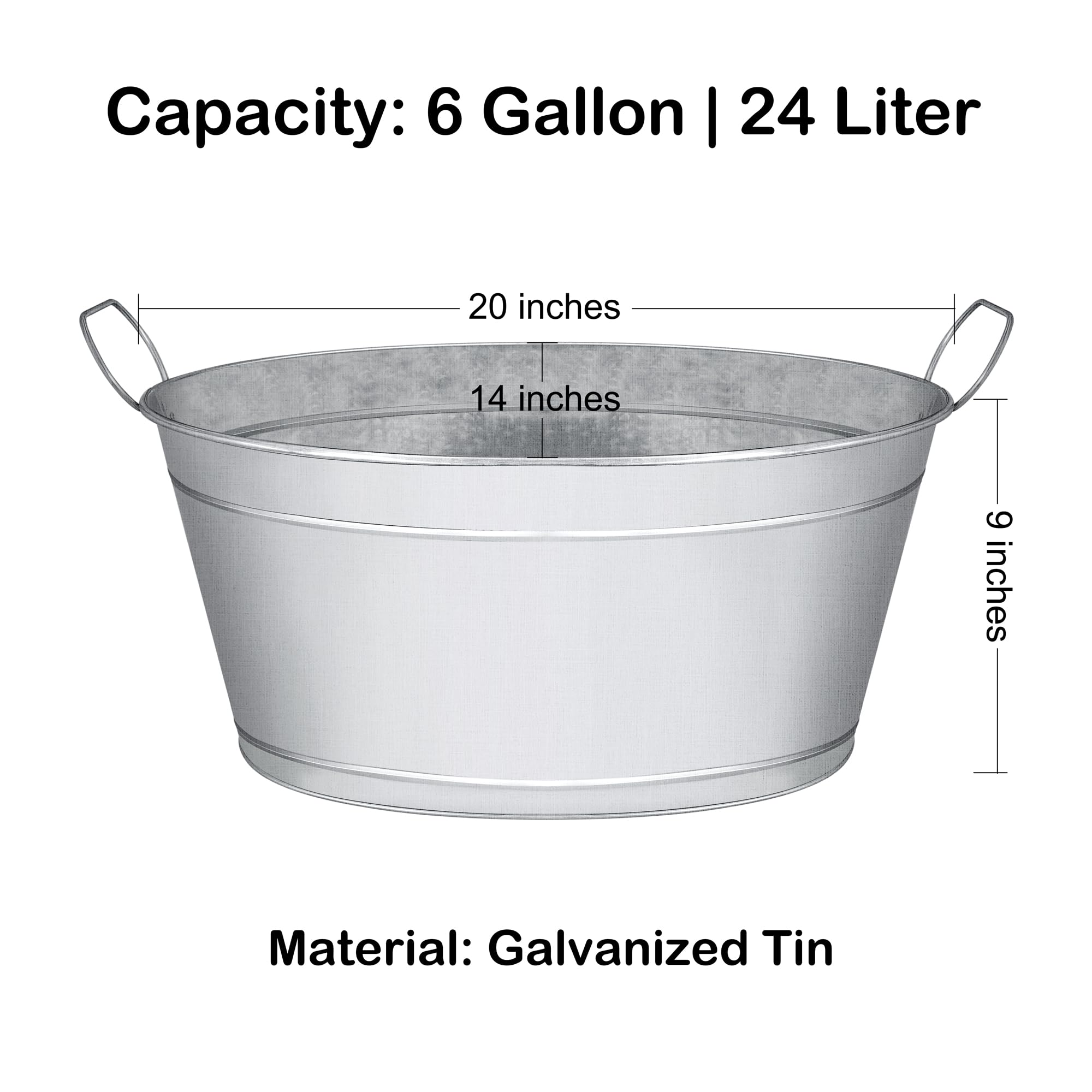 Large 6-Gallon Galvanized Tin Beverage Tub, 20x14x10 inches (Pack of 2)