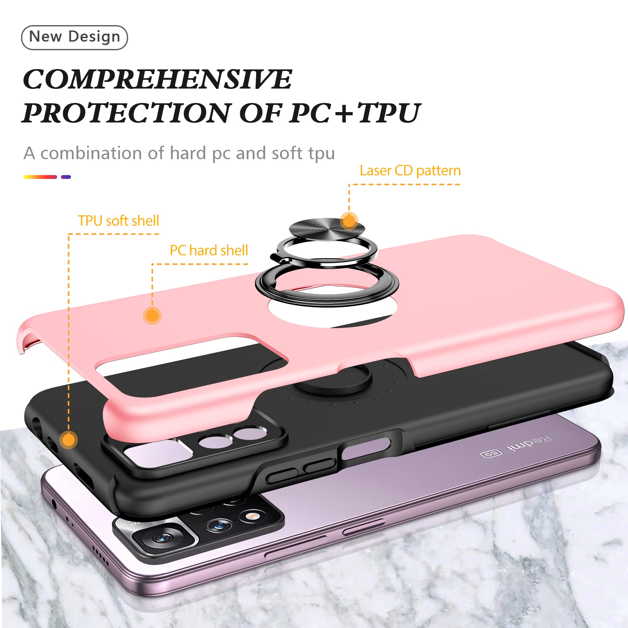 for Xiaomi Redmi Note 11 Pro 5g Case with Screen Protector 360 Degree Rotation Ring Kickstand Dual Layer Shockproof Silicone Slim Full Body Protection Durable for Redmi Note 11 Pro phone case (Pink)
