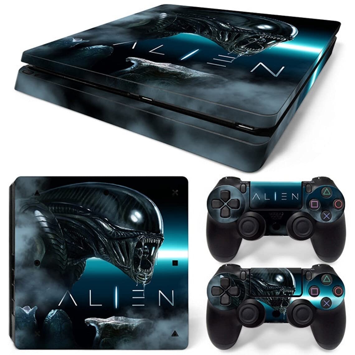 ZOOMHITSKINS Compatible with PS4 Slim Skin, Alien Supernatural SciFi Neon Black Blue, Durable & Fit, 3M Vinyl, Made in The USA