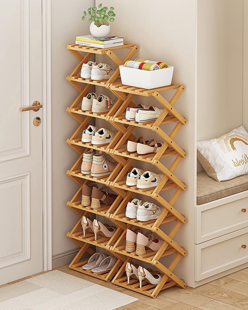 Narrow Shoe Rack - Shoe Storage Organiser- Vertical Bamboo Foldable Shoes Shelf for Entryway, Closet, Bedroom, Hallway ([tawny] 4 layers)