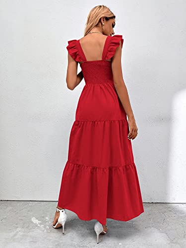 MakeMeChic Women's Summer Boho Dress Floral Print Spaghetti Strap Square Neck Shirred Maxi Dress Beach Sun Dress Solid Red L