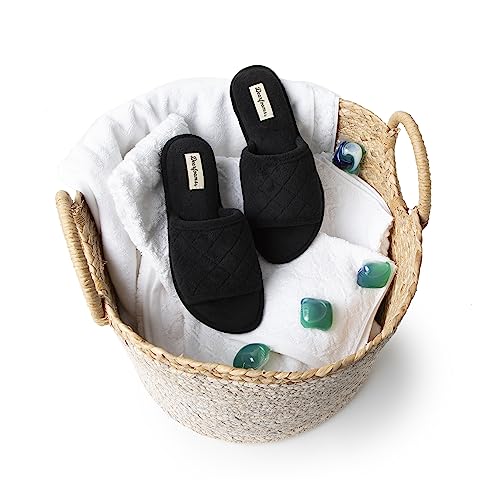 Dearfoams Women's Summer Memory Foam Indoor House Slide Slipper, Black Terry, 9-10