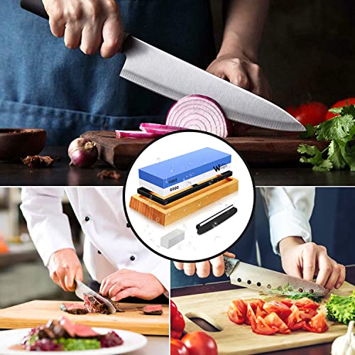 Knife Sharpening Kit - 1000/6000 Grit Japanese Whetstone Knife Sharpener set with Non-slip Rubber Base Angle Guide Flattening Wet stone for Kitchen Knives Chisel Axe Scissors