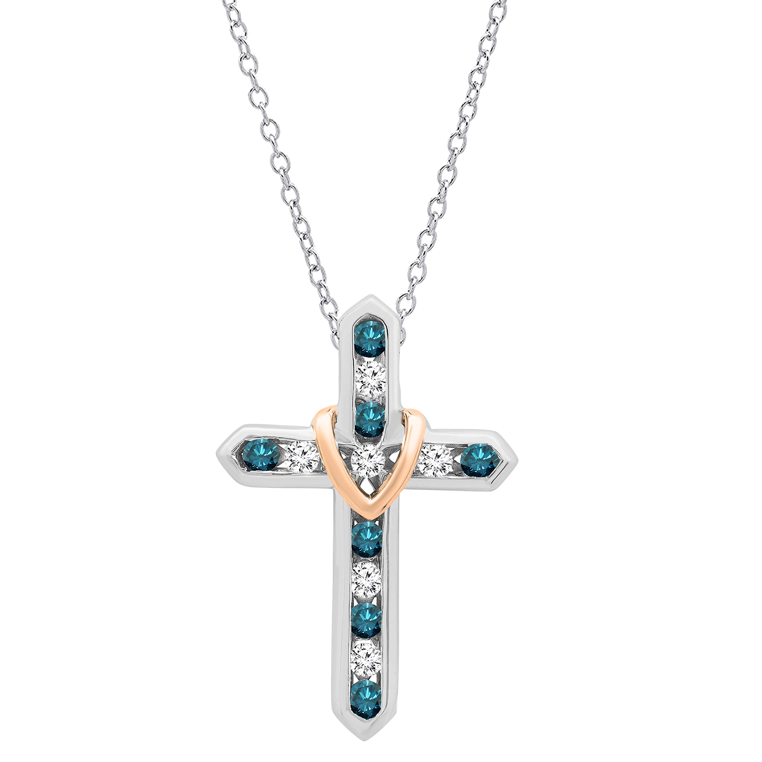 Dazzlingrock Collection Round Blue Diamond & White Sapphire Ladies Heart And Cross Pendant (Silver Chain Included), 10K White & Rose Gold