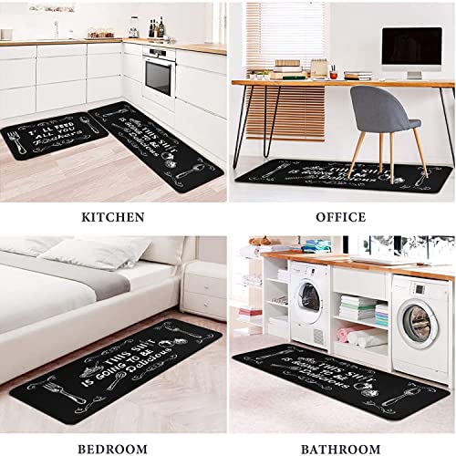 Faptoena Black Kitchen Rugs and Mats Sets of 2, Funny Kitchen Decoration Rubber Backing Non-Slip Absorbent Mats for Sink Waterproof Runner Rug for Laundry Room 17x30+17x48inch