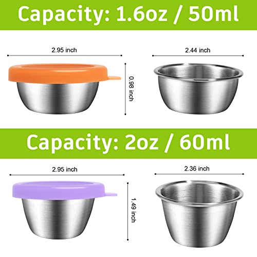 Salad Dressing Container To Go, Small Reusable Condiment Cups Containers with Leakproof Silicone Lids, Stainless Steel Kids Dipping Sauce Cups Food Storage for Lunch Box, Travel, 6 Pack - 1.6oz & 2oz