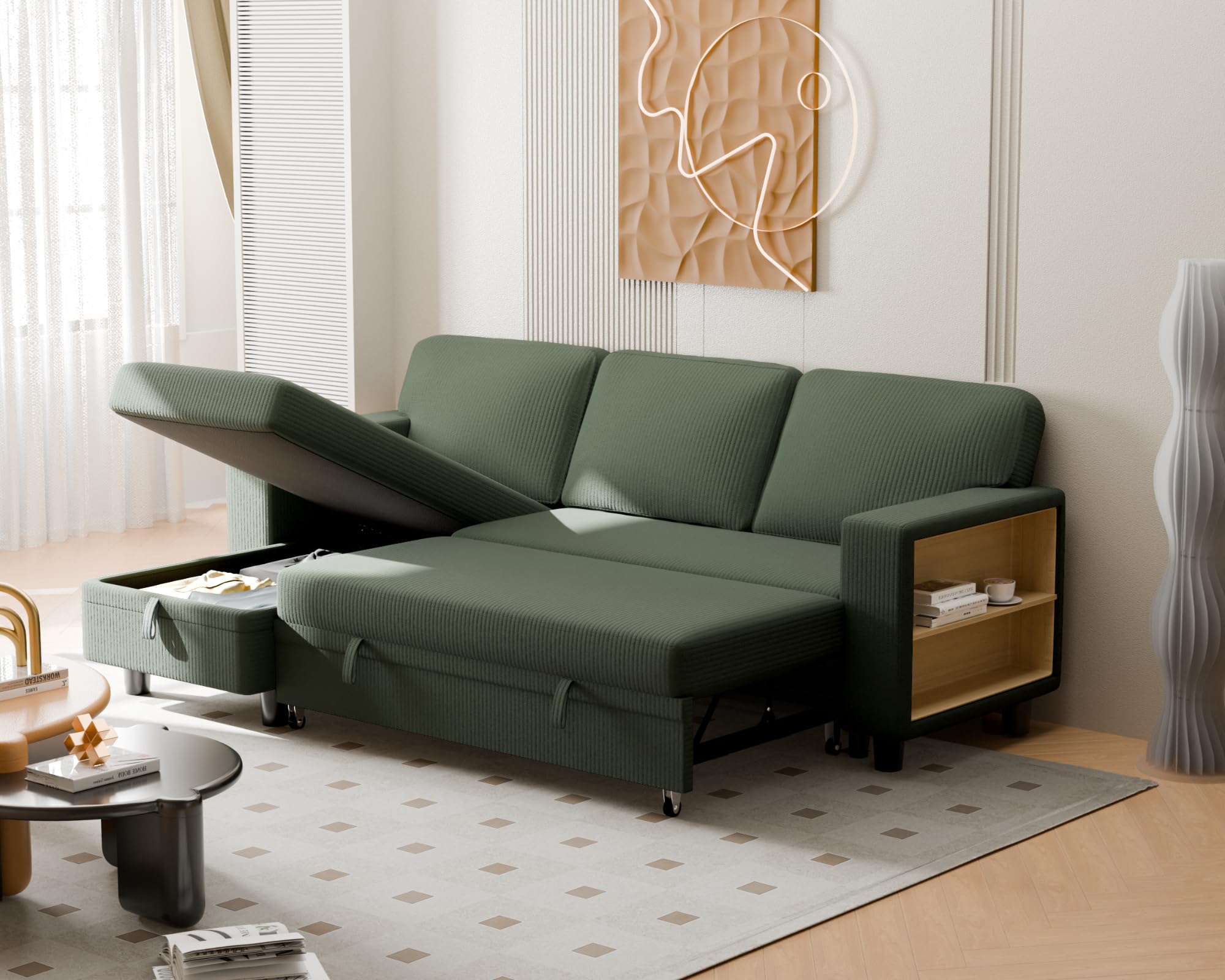 JUMMICO 80″ Sleeper Sofa Bed, 2-in-1 L Shaped Sectional Couch with Storage Chaise, USB Charging Ports & 2 Built-in Bookshelves, Pull Out Couch for Living Room, Apartment, Small Space