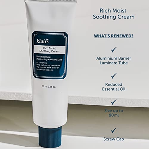 DearKlairs Rich Moist Soothing Cream 80ml, Sensitive Skin, Hypoallergenic, Centella Asiatica, Ceremide, Moisturizer, Full Hydration, Non-sticky texture, K-beauty