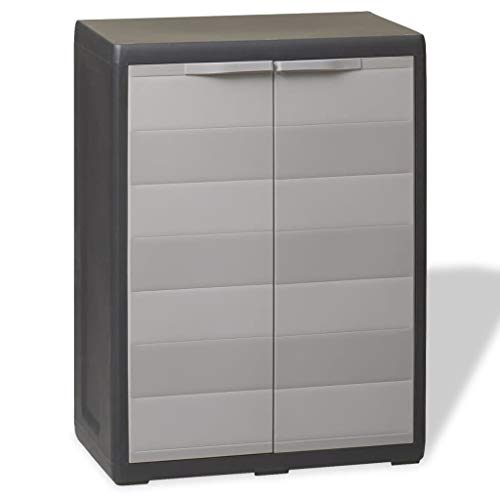 Qiilu Polypropylene Lockable Storage Cabinet, 25.6X 15 x 34.3 in Polypropylene Garden Storage Cabinet with 2 Adjustable Shelves Counter Height Cabinet Jumbo Storage Cabinet for Outdoor Patio