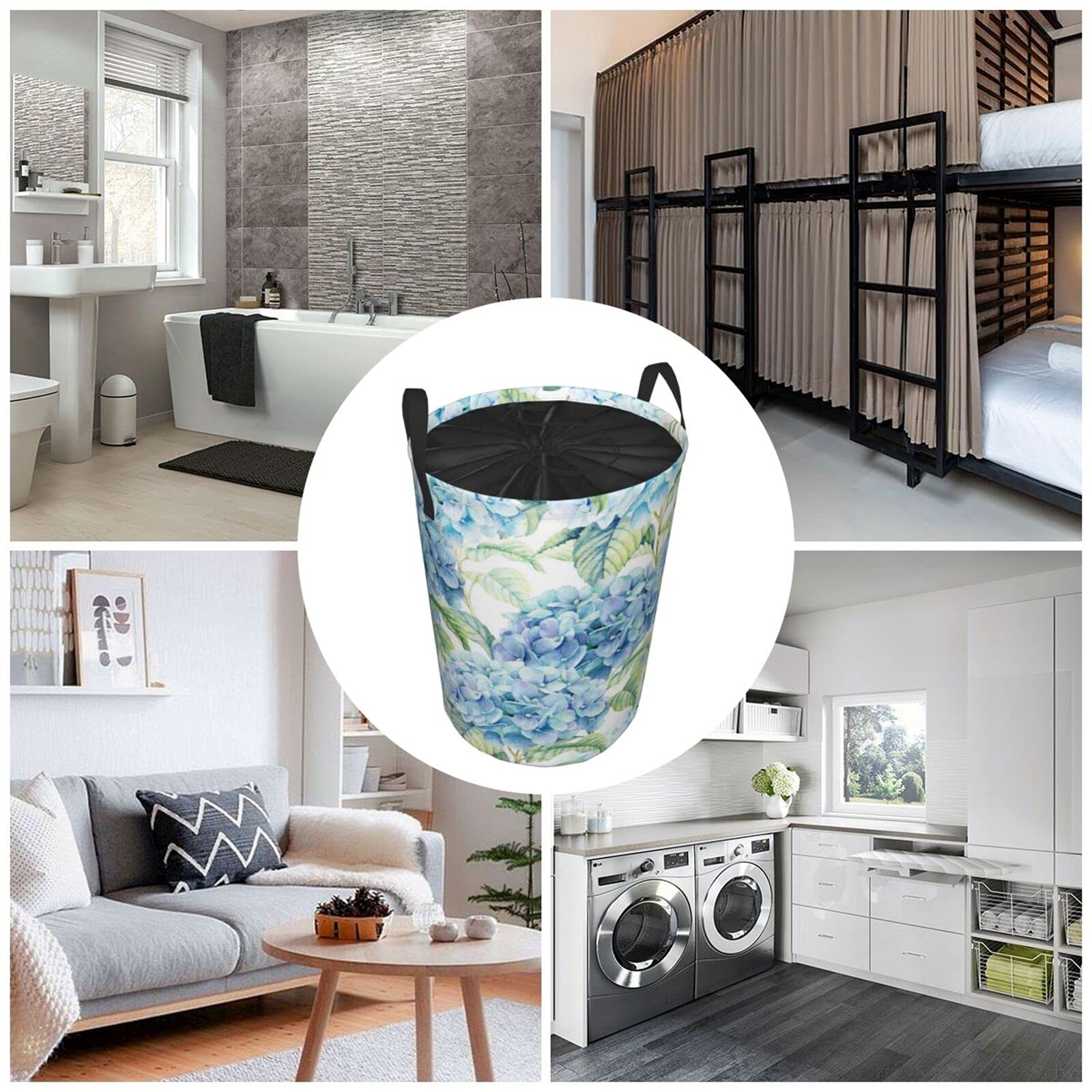 Large Folding Laundry Basket Hydrangea Blue Flowers Round Collapsible Laundry Storage Hamper Drawstring Waterproof Oxford Laundry Storage Basket Dirty Clothes Bag 16.5x21.5inch