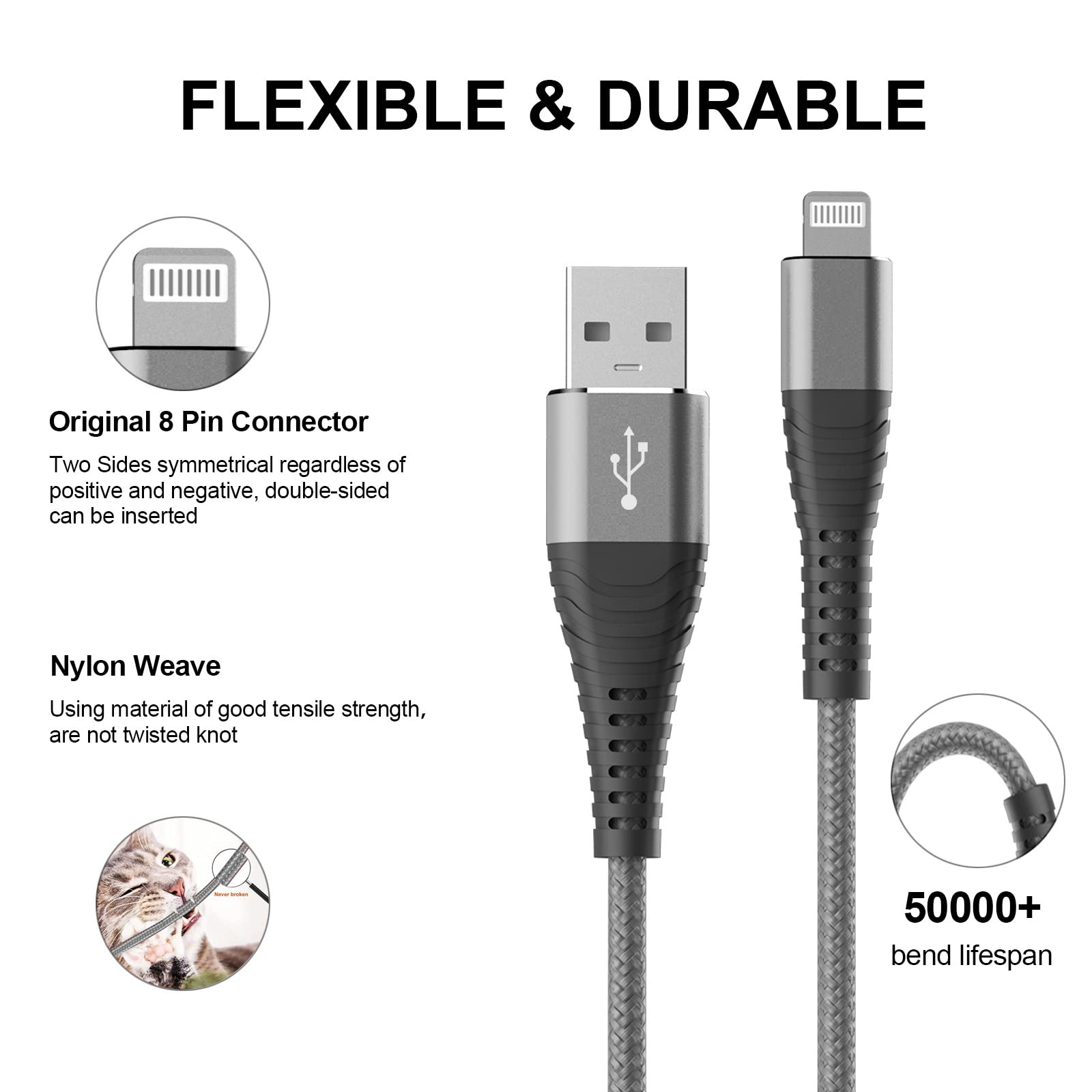 Haydyson 3Pack 6FT iPhone Charger Cable, Apple MFi Certified Lightning Cable High Speed USB Charging Cord Compatible with iPhone 13/12/Max/11Pro/11/XS/Max/XR/X/8/8P/7 and More (6FT, Grey)