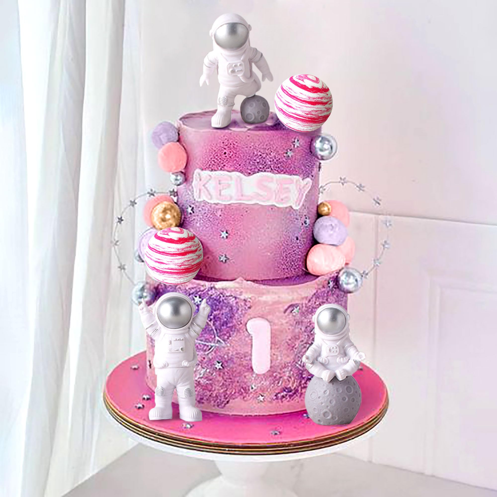 LaVenty Pink Space Cake Toppers Outer Space Astronaut Rocket Stars Cake Decorations for Birthday Party Supplies Baby Shower