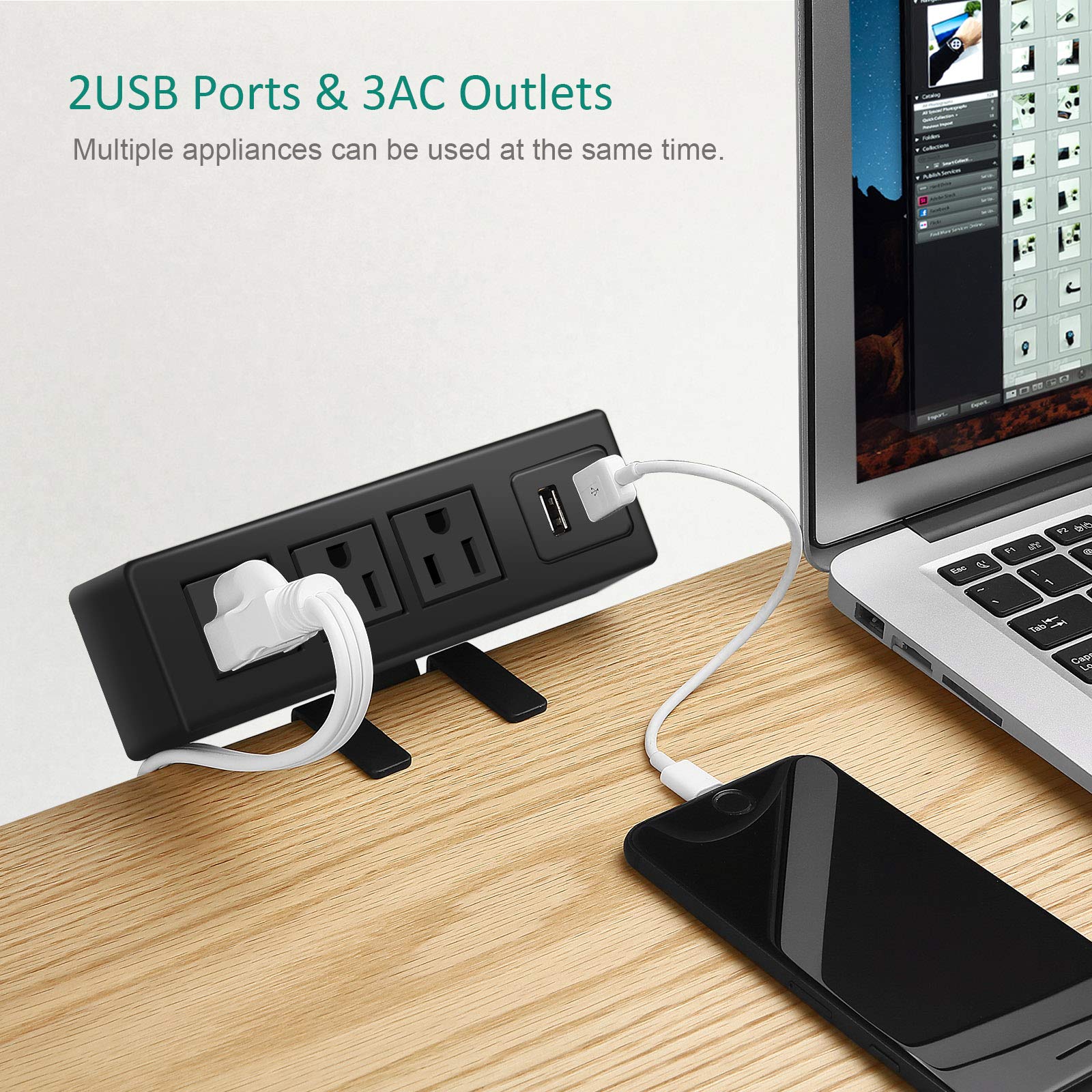Desktop Edge Power Strip, Removable Clamp Power Outlet Socket with USB Port, 9.85 ft Extension Cord Connect 3 Plugs for Home Office Reading