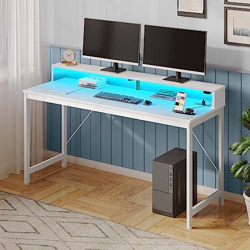 Rolanstar Computer Desk 55" with LED Lights & Power Outlets, Home Office Desk with Monitor Shelf, Gaming Desk, Writing Desk, Study Desk for Student & Kids, White