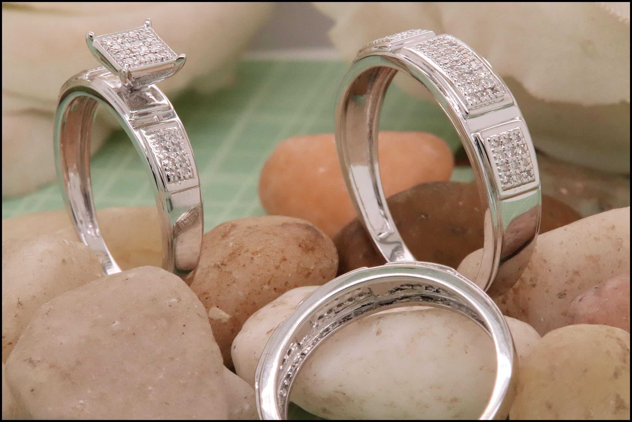 Dazzlingrock Collection 0.33 Carat (ctw) Round White Diamond Square Head Cluster Wedding Trio Ring Set for Him & Her in 925 Sterling Silver, Women size 6 & Men size 7.5