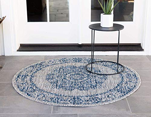 Unique Loom Outdoor Traditional Collection Area Rug - Timeworn (5' 3" Round, Blue/ Gray)