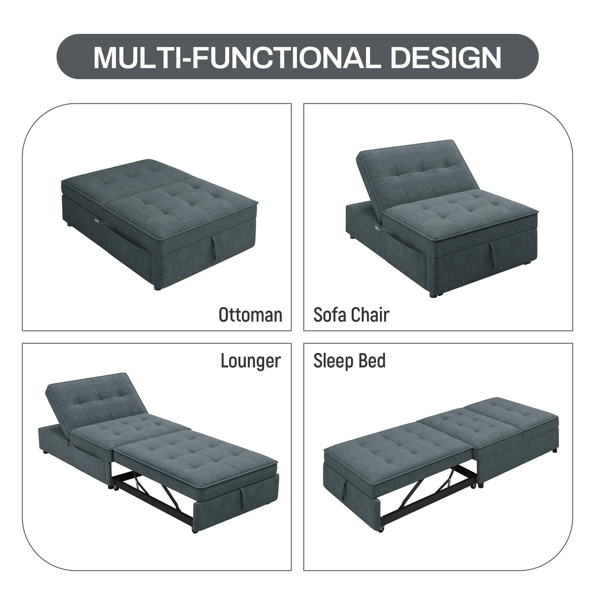 Linique Convertible Sofa Bed with Storage Pocket and USB Ports, Foldable Ottoman Single Sleeper Sofabed, Lounger Sofa Chair for Living Room, Office, Bedroom, Beige