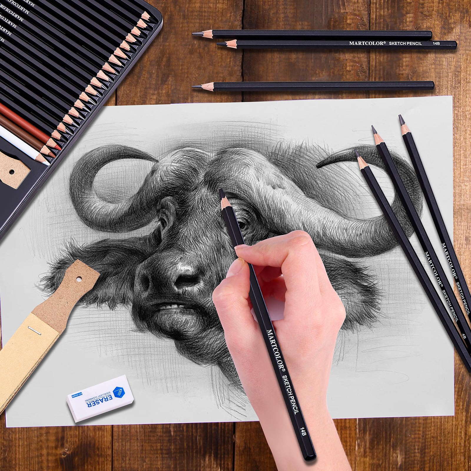 MARTCOLOR Drawing Sketching Pencils Set, 34 Pieces Pro Art Pencil Kit - Graphite Pencils (14B-4H), Charcoal Pencils, Charcoal Sticks, Artist Pencils for Beginners & Pro Artists