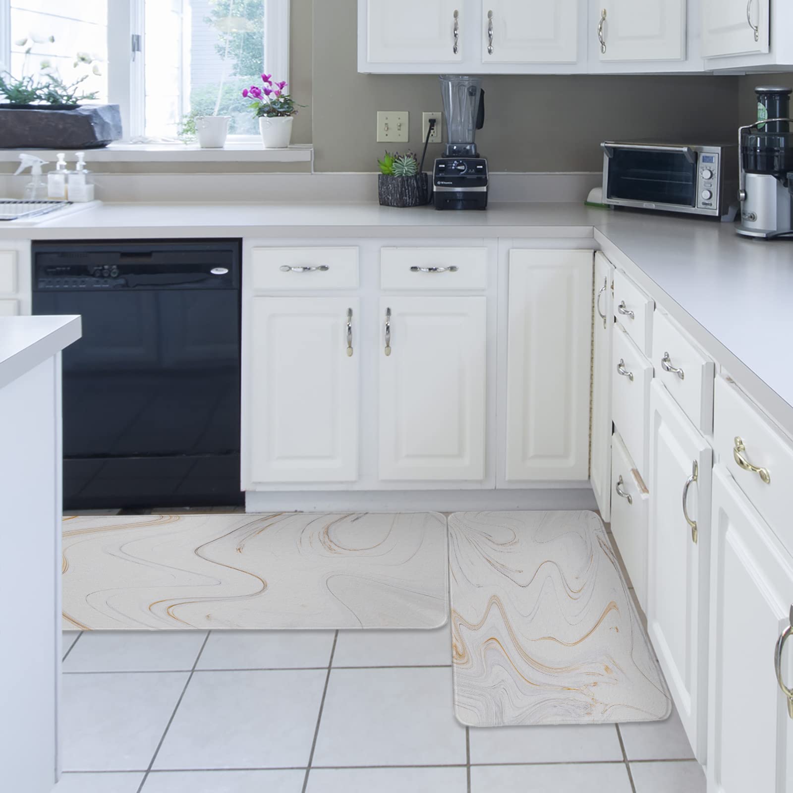 Debedcor Marble Kitchen Rugs and Mats Set of 2, Non-Skid White Bathroom Rugs, Washable Gold and Grey Kitchen Runner Floor Mat for Sink/Laundry Room/Office, 15.7"x23.6"+15.7"x47.2"