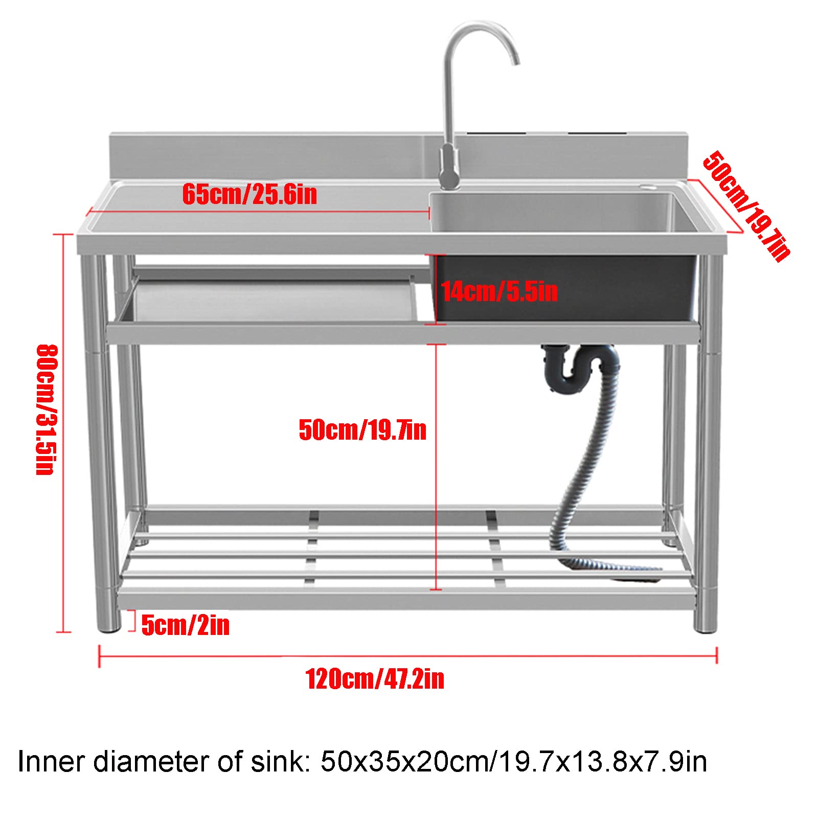 Commercial Restaurant Sink Utility Sink Stainless Steel Free-standing Kitchen Sink Set Single Bowl w/ Faucet & Drainboard for Laundry Garage Camping 120x50x80cm/47.2x19.7x31.5in Left
