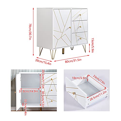 White Modern Kitchen Storage Cabinet Cupboard with Golden Line, Buffet Console Table Cupboard with 1 Door and 3 Drawers for Living Room Dining Room Entry Hallway, Credenza Sideboard Buffet Organizer
