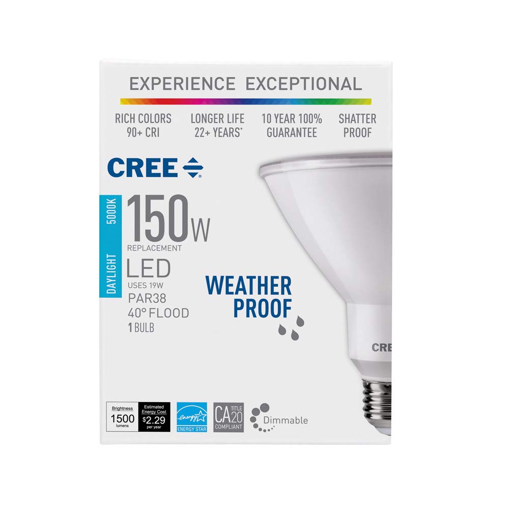 Cree Lighting Exceptional Series PAR38 Bulb, 3000K Dimmable LED Bulb, 150W + 1500 Lumens, Bright White, 1 Pack