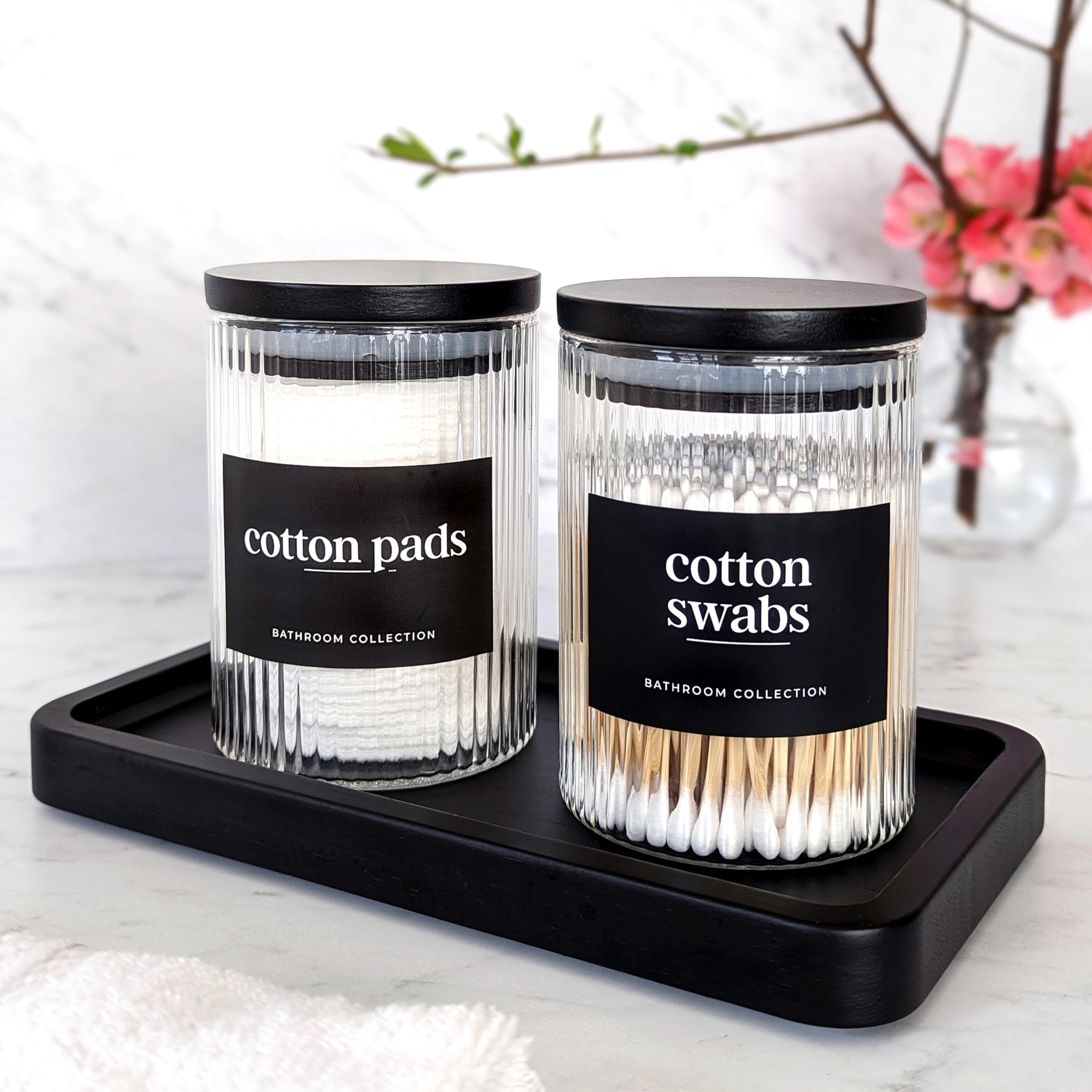 Mason & Fable Ribbed Glass Bathroom Jars with Airtight Black Bamboo Lids | Cotton Pad/Swab/Q tip Holder | Bath Salt/Small Makeup/Clear Vanity Apothecary Storage Canister Organizer β 10 fl oz, Set of 2